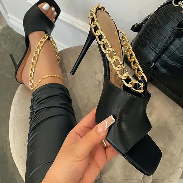 Veooy Fashion Square Toe Mule Stilettos Metal Chain Slip On Sandals on ...