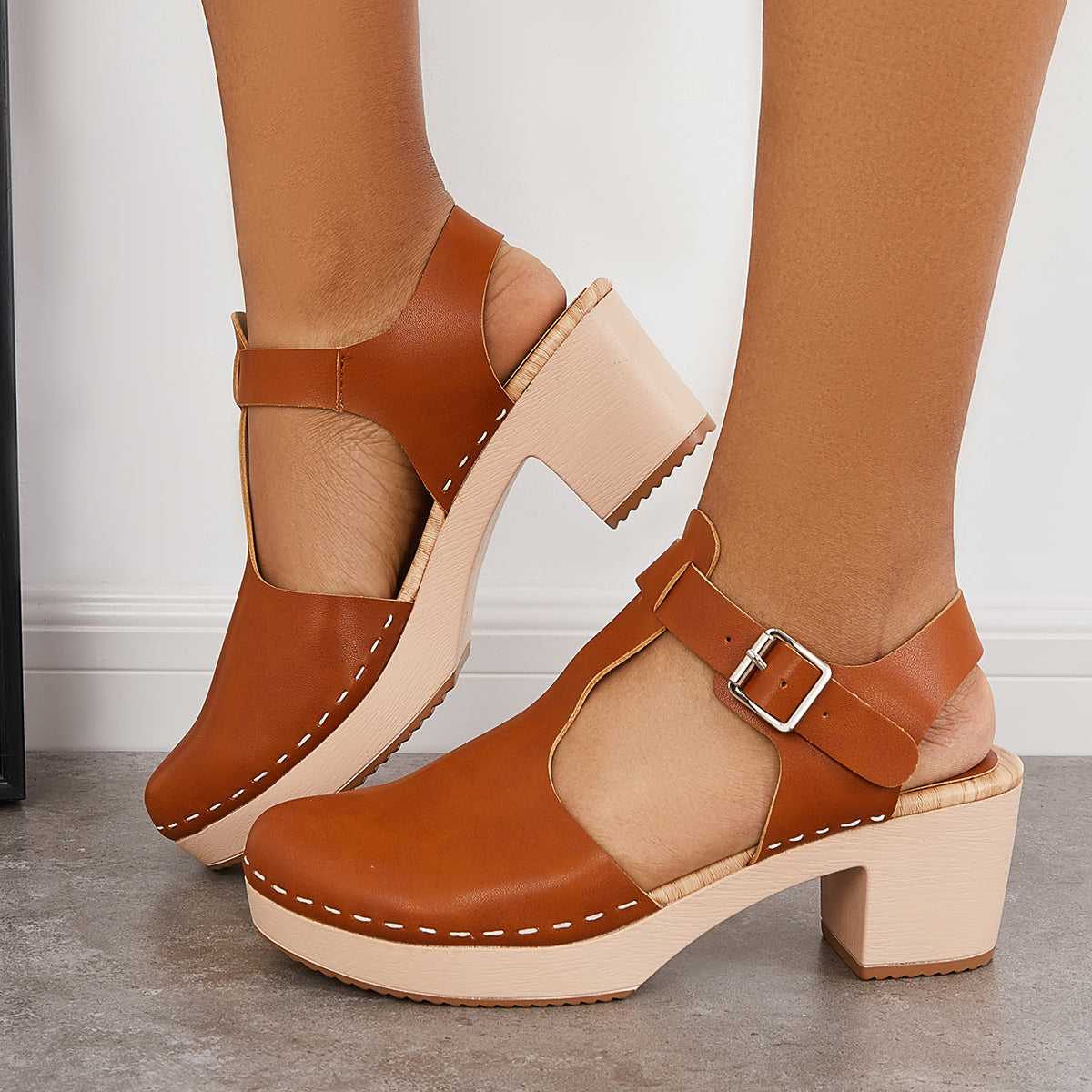 Veooy Brown Chunky Platform Heel Clogs Ankle Strap Sandals on Luulla
