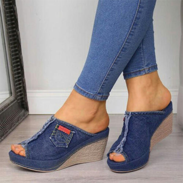 Veooy Cute Denim Peep Toe Wedge Sandals on Luulla
