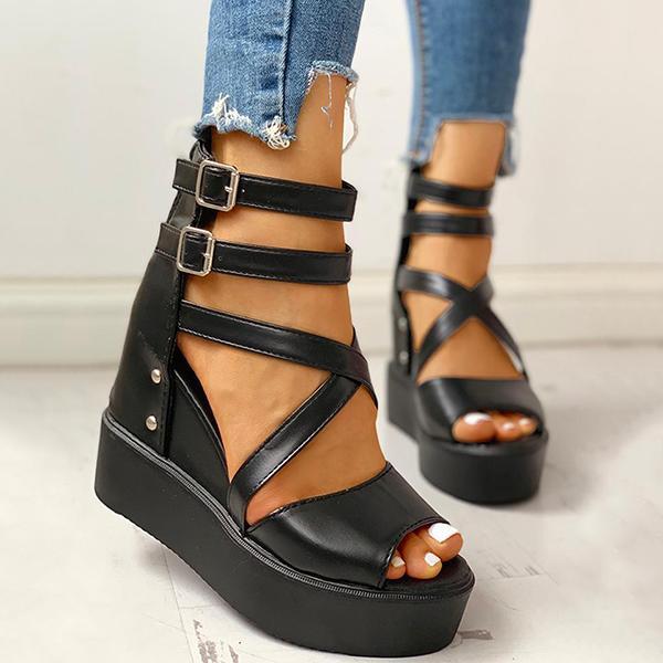 Veooy Solid Multi-strap Peep Toe Muffin Sandals on Luulla